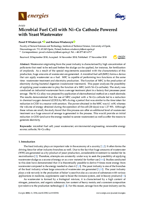 (PDF) Microbial Fuel Cell with Ni–Co Cathode Powered with Yeast Wastewater