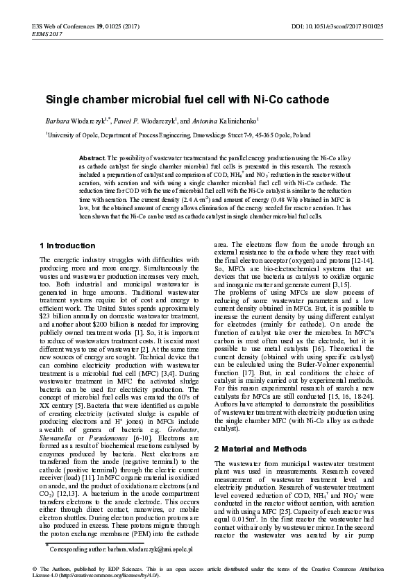 (PDF) Single chamber microbial fuel cell with Ni-Co cathode