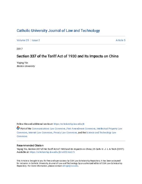 (PDF) Section 337 of the Tariff Act of 1930 and Its Impacts on China ...