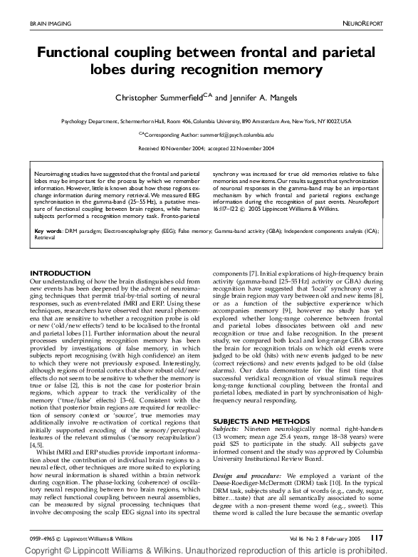 (PDF) Functional coupling between frontal and parietal lobes during recognition memory