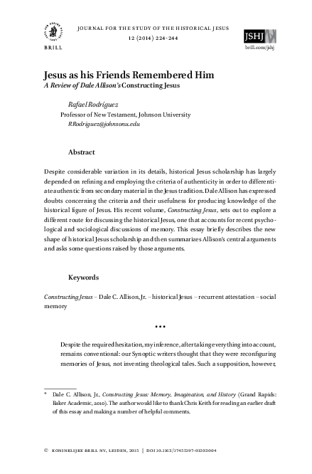(PDF) Jesus as his Friends Remembered Him: A Review of Dale Allison's ...