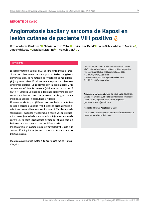 (PDF) Angiomatosis bacilar y sarcoma de Kaposi en lesión cutánea de ...