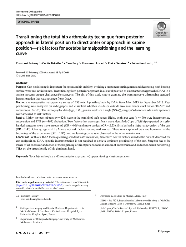 (PDF) Transitioning the total hip arthroplasty technique from posterior ...