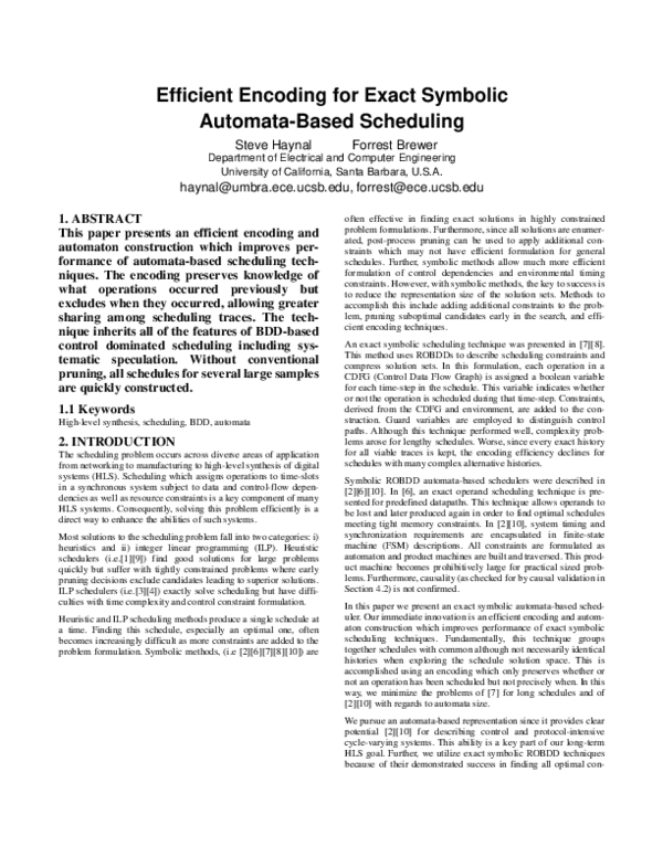 Pdf Efficient Encoding For Exact Symbolic Automata Based Scheduling