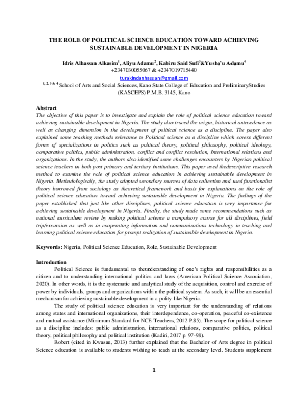 (PDF) The Role of Political Science Education Toward Achieving ...