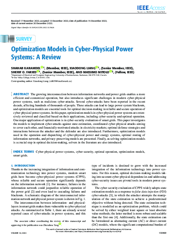 Pdf Optimization Models In Cyber Physical Power Systems A Review