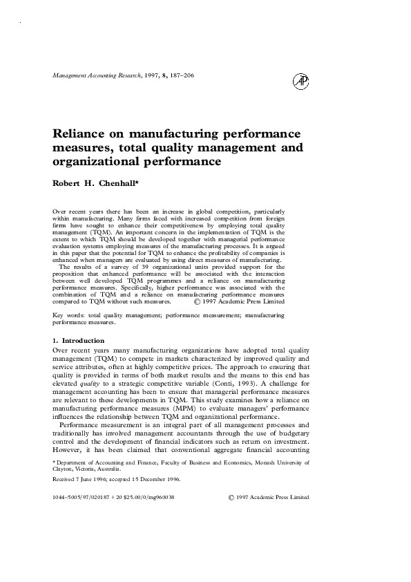 (PDF) Reliance on manufacturing performance measures, total quality ...
