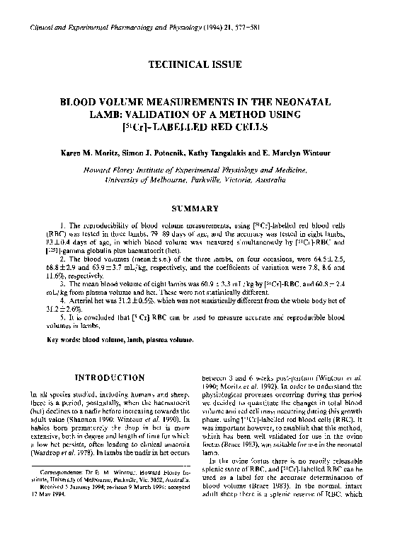 (PDF) BLOOD VOLUME MEASUREMENTS IN THE NEONATAL LAMB: VALIDATION OF A ...