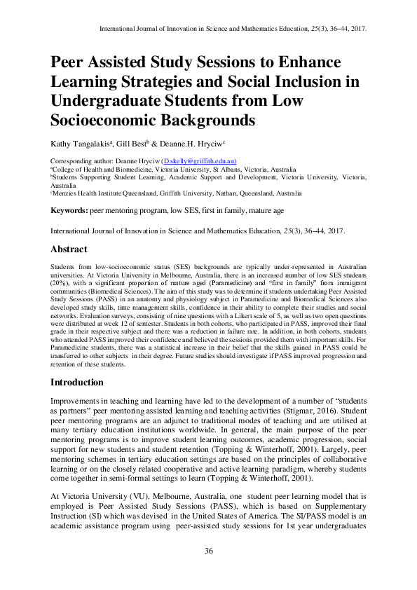 (PDF) Peer Assisted Study Sessions for the Development of Transferable ...