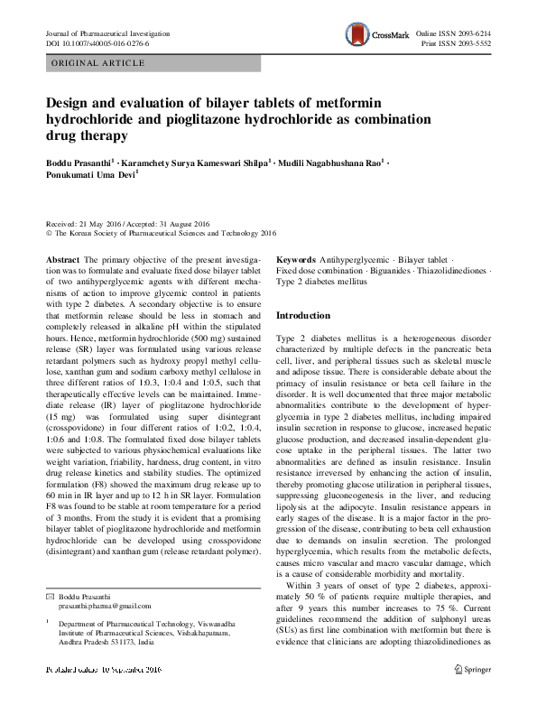 Pdf Design And Evaluation Of Bilayer Tablets Of Metformin Hydrochloride And Pioglitazone