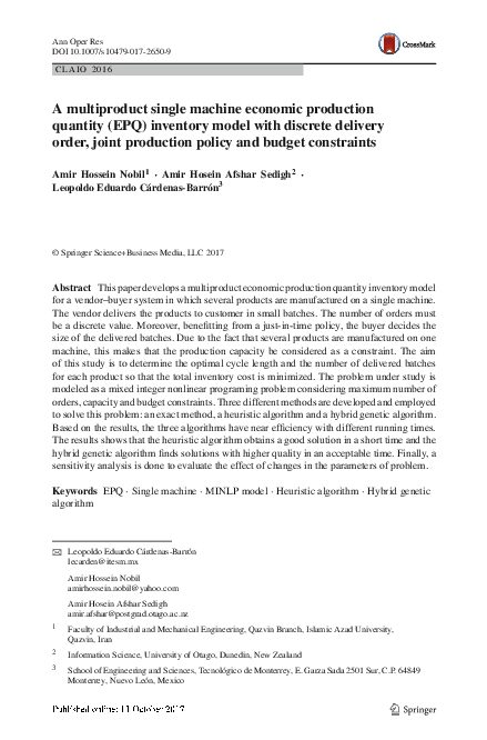 (PDF) A multiproduct single machine economic production quantity (EPQ ...