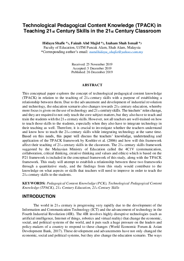 (PDF) Technological Pedagogical Content Knowledge (TPACK) in Teaching 21st Century Skills in the ...
