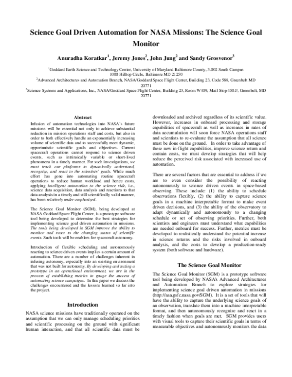 (PDF) Science Goal Driven Automation for NASA Missions: The Science ...