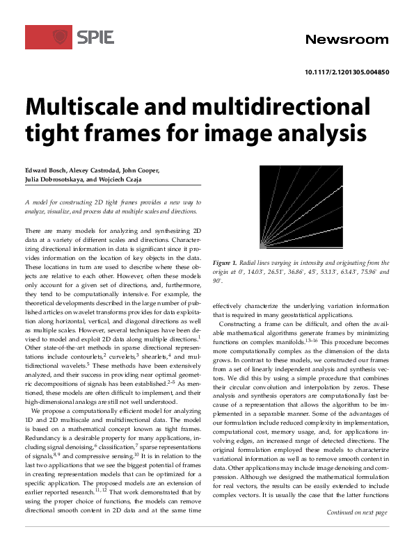 (PDF) Multiscale and multidirectional tight frames for image analysis | Julia Dobrosotskaya ...