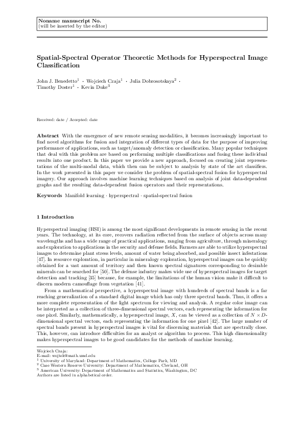 (PDF) Spatial-spectral operator theoretic methods for hyperspectral image classification