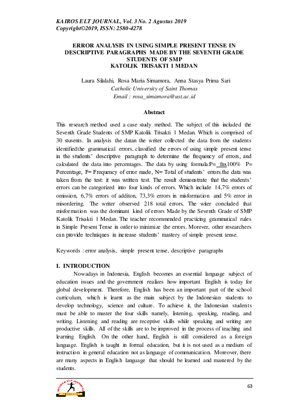 (PDF) Error Analysis in Using Simple Present Tense in Descriptive Paragraphs Made by the Seventh ...