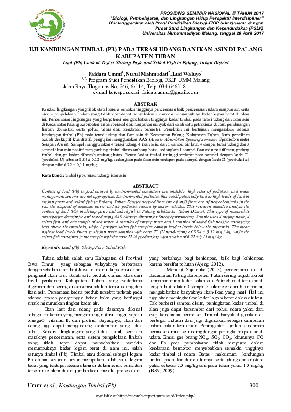 (PDF) Uji Kandungan Timbal (PB) Pada Terasi Udang Dan Ikan Asin DI ...