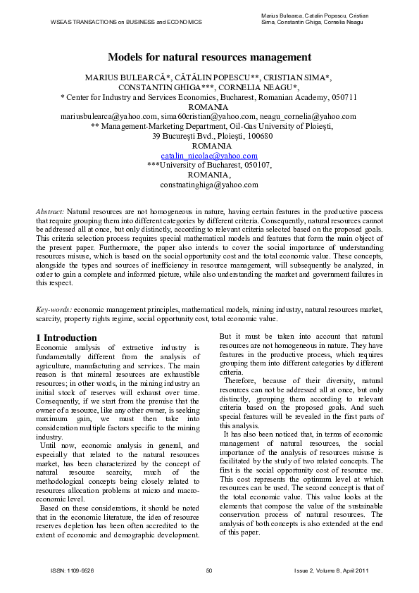 (PDF) Models for natural resources management