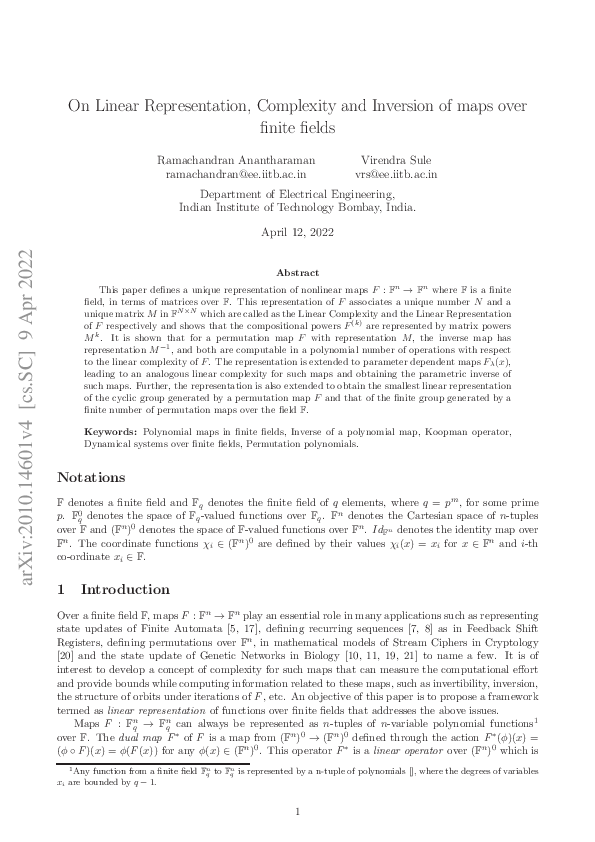 Pdf On Linear Representation Complexity And Inversion Of Maps Over Finite Fields