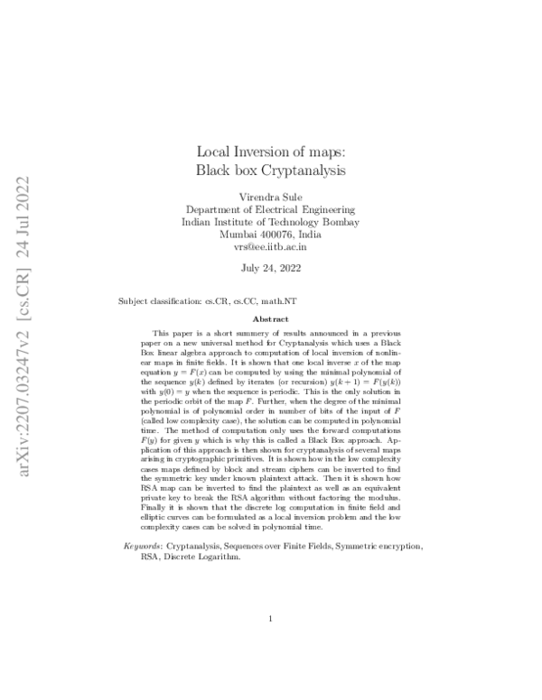 (PDF) Local Inversion of maps: Black box Cryptanalysis | Virendra Sule - Academia.edu