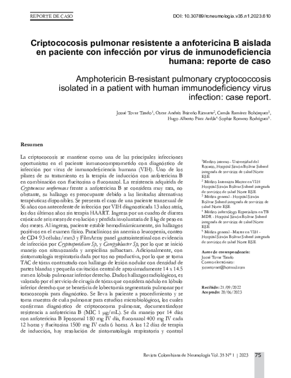 (PDF) Criptococosis pulmonar resistente a anfotericina B aislada en paciente con infección por ...