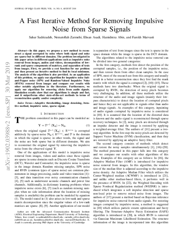 (PDF) A Fast Iterative Method for Removing Impulsive Noise from Sparse Signals | Hamidreza Abin ...