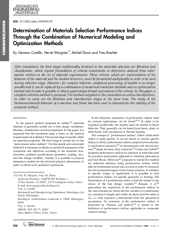 (PDF) Determination of Materials Selection Performance Indices Through the Combination of ...