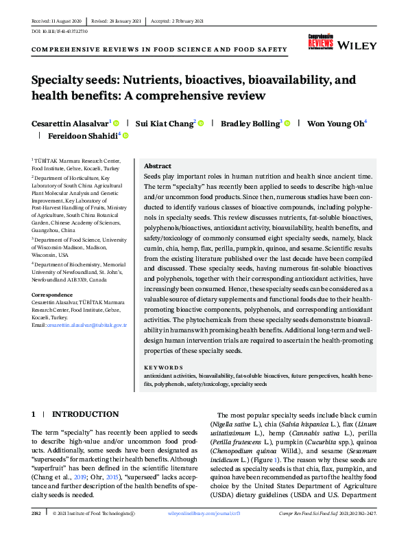 (PDF) Specialty seeds: Nutrients, bioactives, bioavailability, and health benefits: A ...