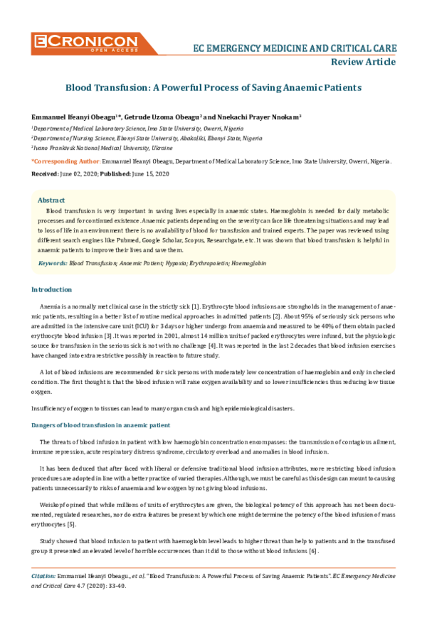 (PDF) Blood Transfusion: A Powerful Process of Saving Anaemic Patients