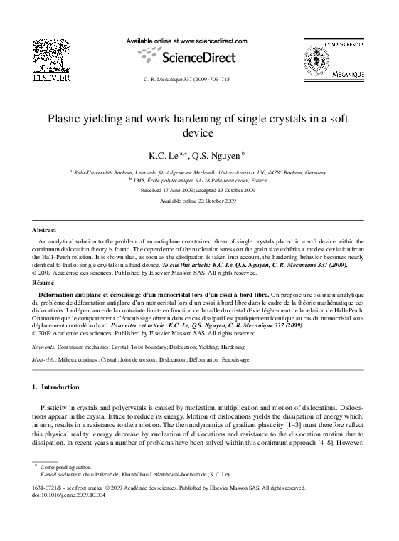 (PDF) Plastic yielding and work hardening of single crystals in a soft ...