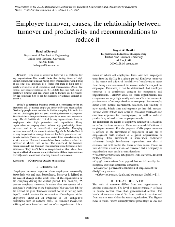 (PDF) Employee turnover, causes, the relationship between turnover and ...