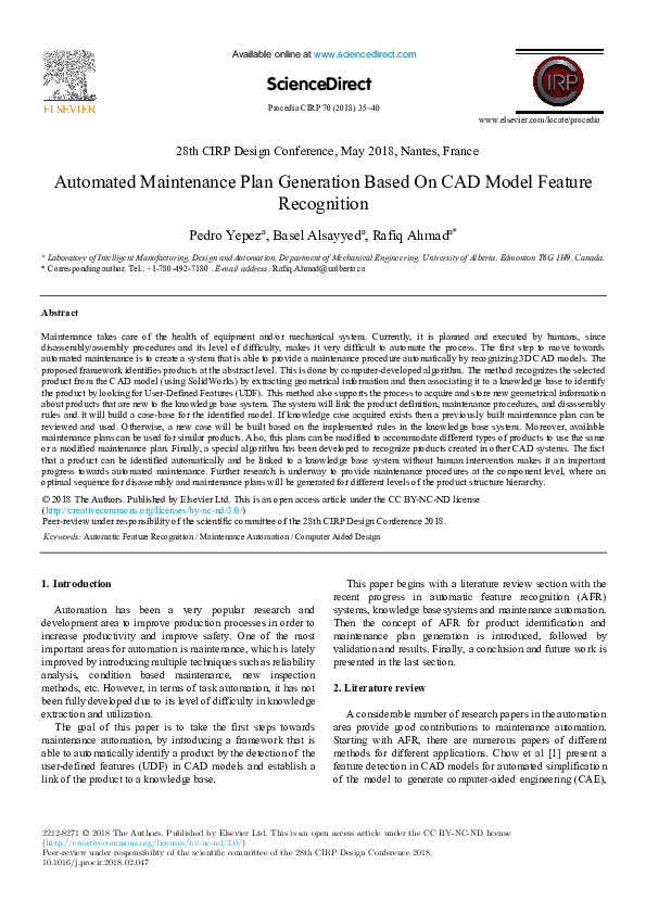 (PDF) Automated Maintenance Plan Generation Based On CAD Model Feature Recognition