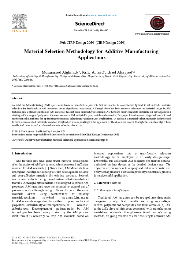 (PDF) Material Selection Methodology for Additive Manufacturing Applications