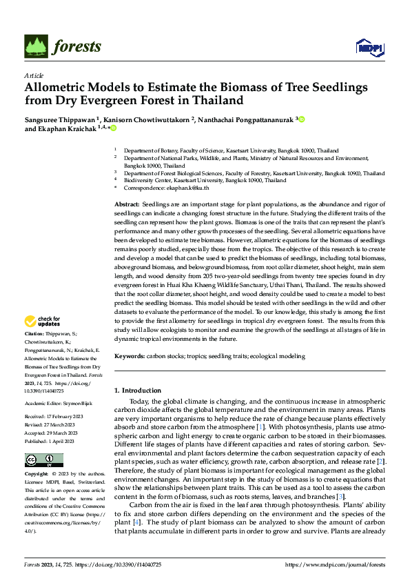 (PDF) Allometric Models to Estimate the Biomass of Tree Seedlings from Dry Evergreen Forest in ...