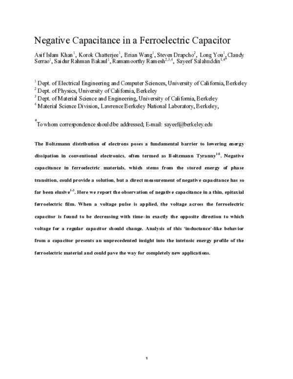 (PDF) Negative Capacitance in a Ferroelectric Capacitor