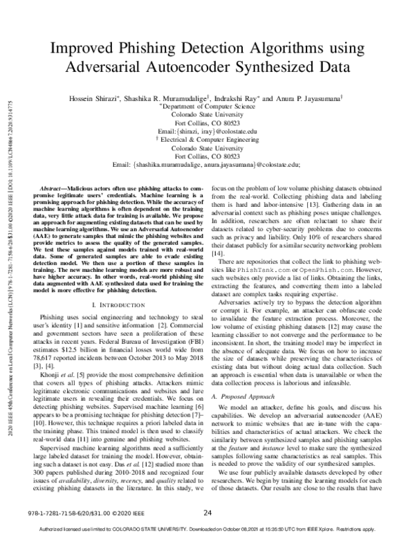 (PDF) Improved Phishing Detection Algorithms using Adversarial Autoencoder Synthesized Data