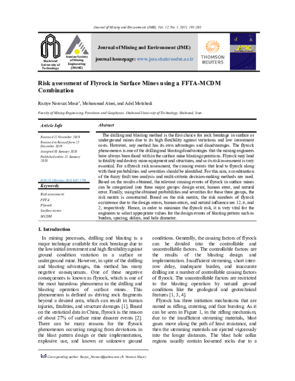 (PDF) Risk assessment of flyrock in surface mines using FFTA-MCDMs combination
