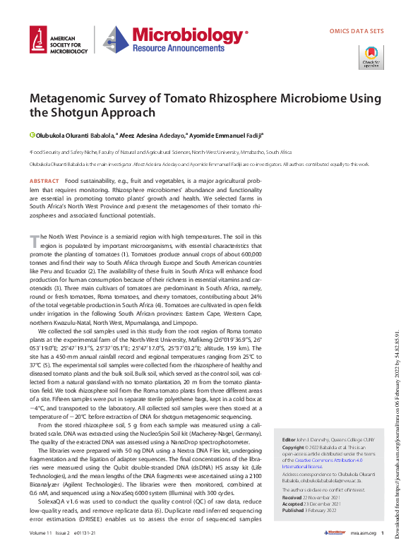 (PDF) Metagenomic Survey of Tomato Rhizosphere Microbiome Using the Shotgun Approach