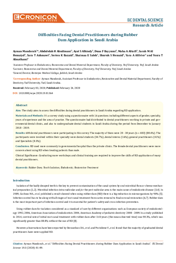 (PDF) Difficulties Facing Dental Practitioners during RubberDam Application in Saudi Arabia