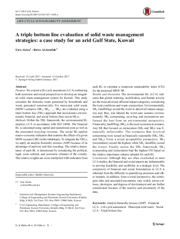 (PDF) A triple bottom line evaluation of solid waste management ...