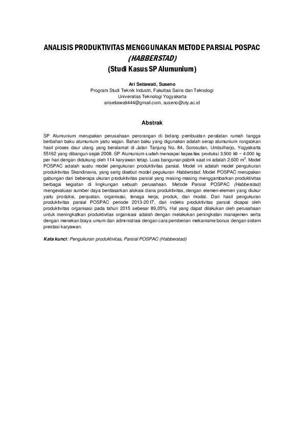 (PDF) ANALISIS PRODUKTIVITAS MENGGUNAKAN METODE PARSIAL POSPAC ...