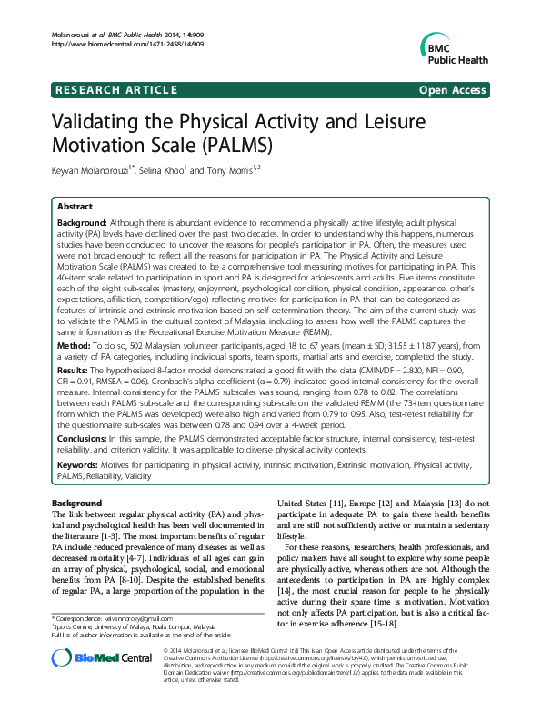 (PDF) Validating the Physical Activity and Leisure Motivation Scale (PALMS)