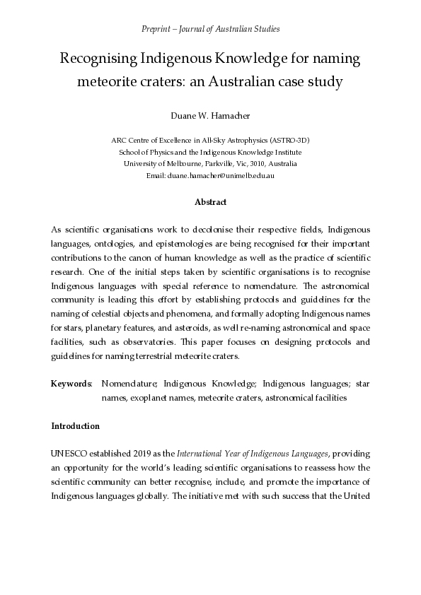 (PDF) Recognising Indigenous Knowledge for naming meteorite craters: an Australian case study