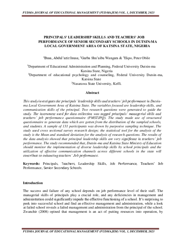 (PDF) PRINCIPALS' LEADERSHIP SKILLS AND TEACHERS' JOB PERFORMANCE OF SENIOR SECONDARY SCHOOLS IN ...