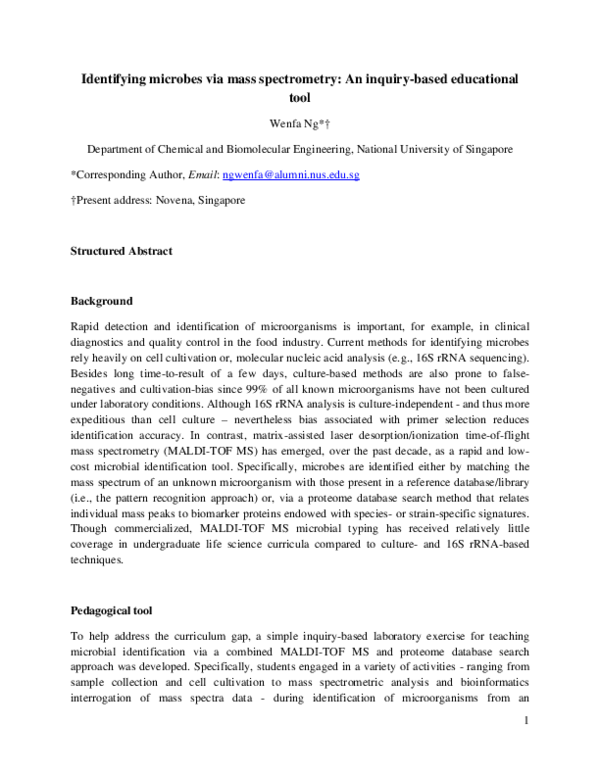(PDF) Identifying microbes via mass spectrometry: An inquiry-based ...