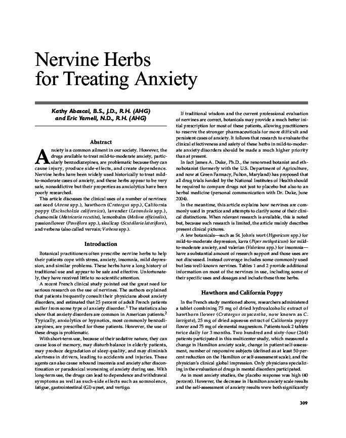 (PDF) Nervine herbs for treating anxiety
