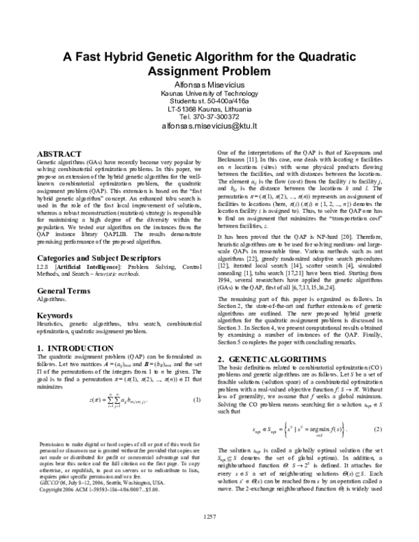 (PDF) A fast hybrid genetic algorithm for the quadratic assignment problem | Alfonsas Misevičius ...