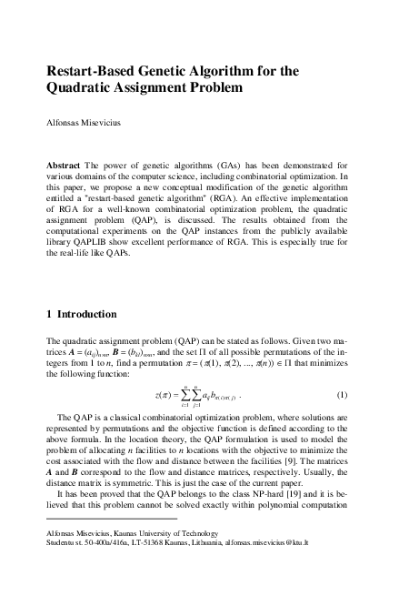 (PDF) Restart-Based Genetic Algorithm for the Quadratic Assignment Problem