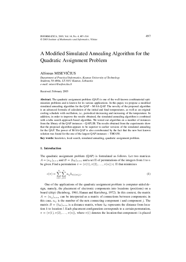Pdf A Modified Simulated Annealing Algorithm For The Quadratic