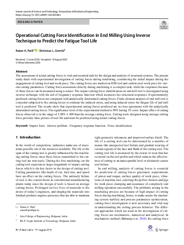 Pdf Operational Cutting Force Identification In End Milling Using Inverse Technique To Predict